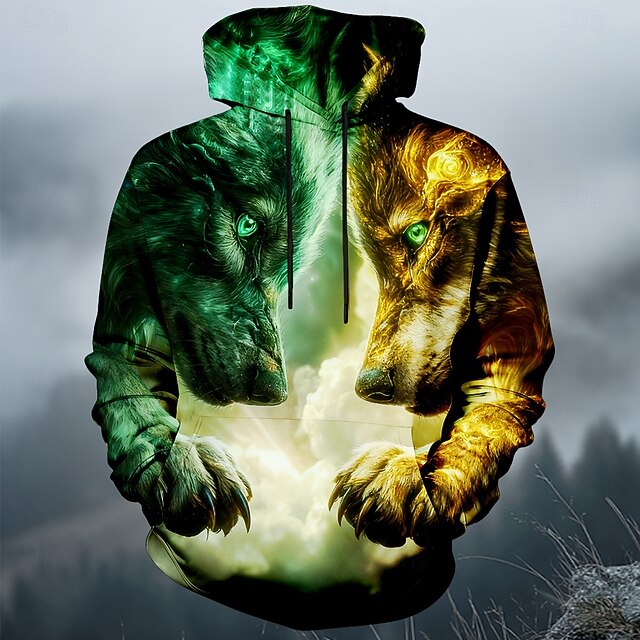 Men's Wolf Hoodie Sweatshirt 3D Fantasy Long Sleeve Crew Neck ...