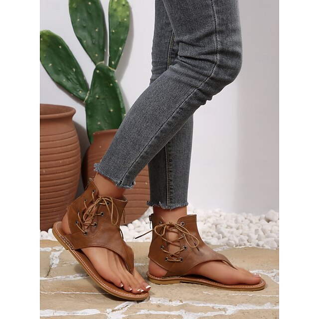 Femmes Quotidien Talon plat Bout ouvert Mode Faux Cuir À lacets Brun ...