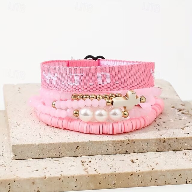 6pcs Pink WWJD Bracelets Set, Red Charm Beaded Bracelet Set with Faux ...