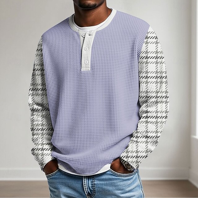 Men's Graphic Geometric Color Block Waffle Henley Shirt Casual Style ...