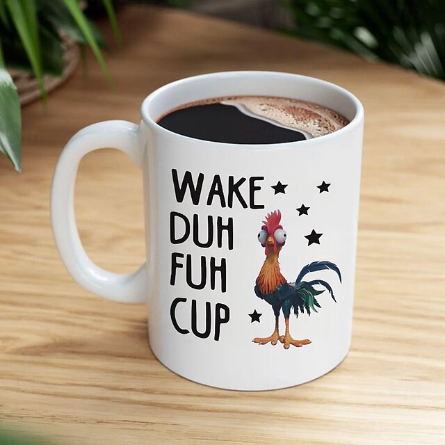Fuuny Gift Mug Wake Duh Fuh Cup Chicken Rooster White Ceramic Coffee ...