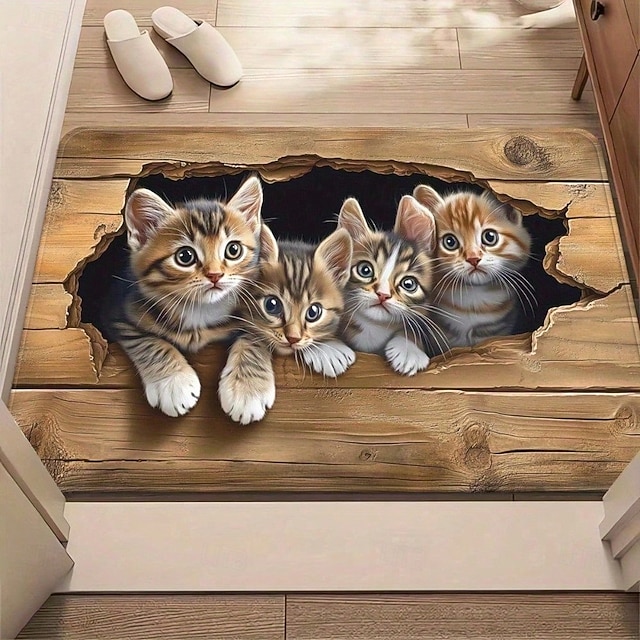 3D Optical Illusion Doormat Visual Trap Floor Mat Non Slip Cute Kitten ...