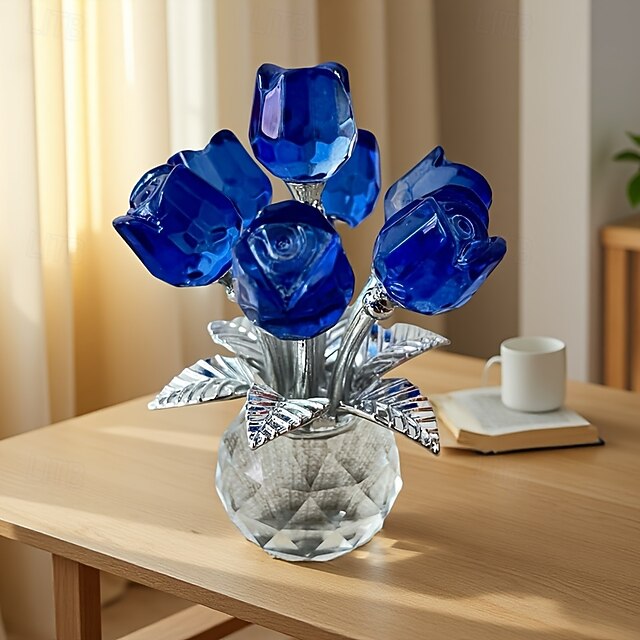 Exquisite Crystal Glass Rose Sculptures - Elegant Red, Blue & Pink ...