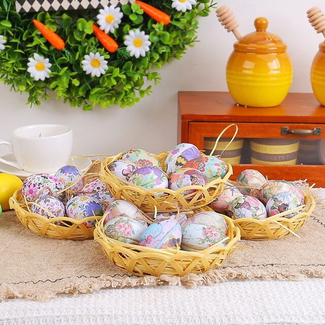 Easter Egg Hanging Ornaments, DIY Woven Basket with Hand-Painted Eggs ...