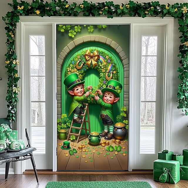 St Patrick's Day Green Shamrock Door Curtain, Leprechaun & Gold Design ...