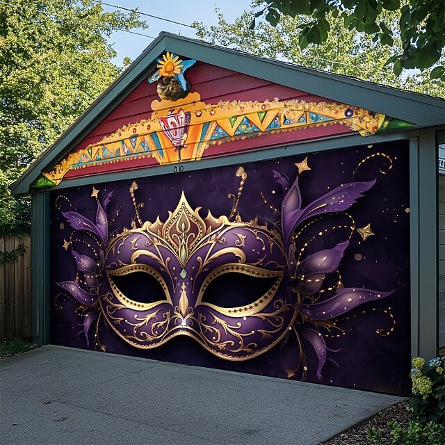 Mardi Gras Garage Door Cover Large Hanging Backdrop Mask Feather Luxury ...