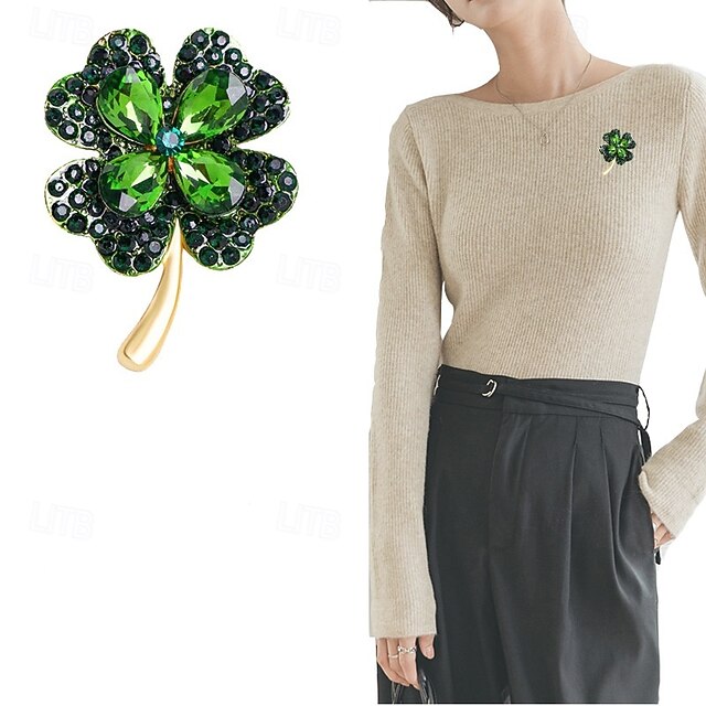 St. Patrick's Day Lucky Four-Leaf Clover Brooch Premium Crystal Corsage ...