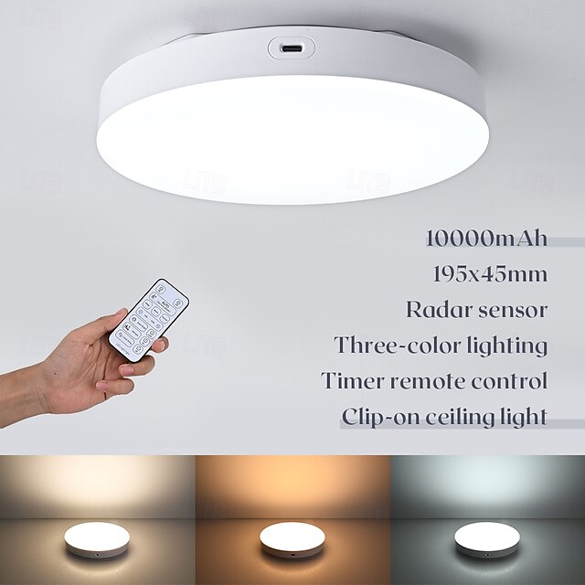 10000mAh USB rechargeable radar induction ceiling light Tri color ...