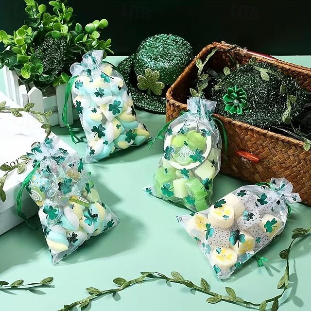 50PCS St. Patrick's Day Gift Bags, Green Leaf & Shamrock Organza Bags ...