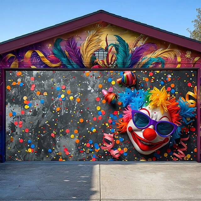 Mardi Gras Garage Door Cover Large Hanging Backdrop Clown Luxury 3D ...
