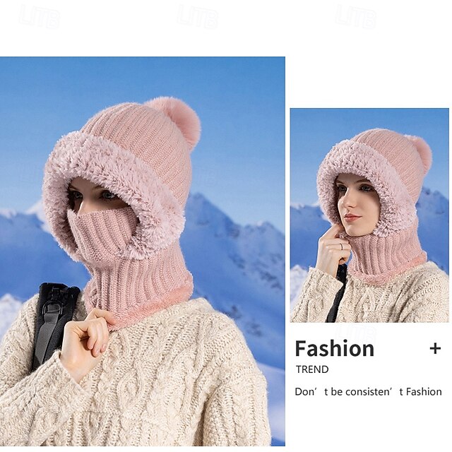 Knitted Thickened with Fleece Scarf Mask Warm Hat 3 in 1 Beanie Hat ...