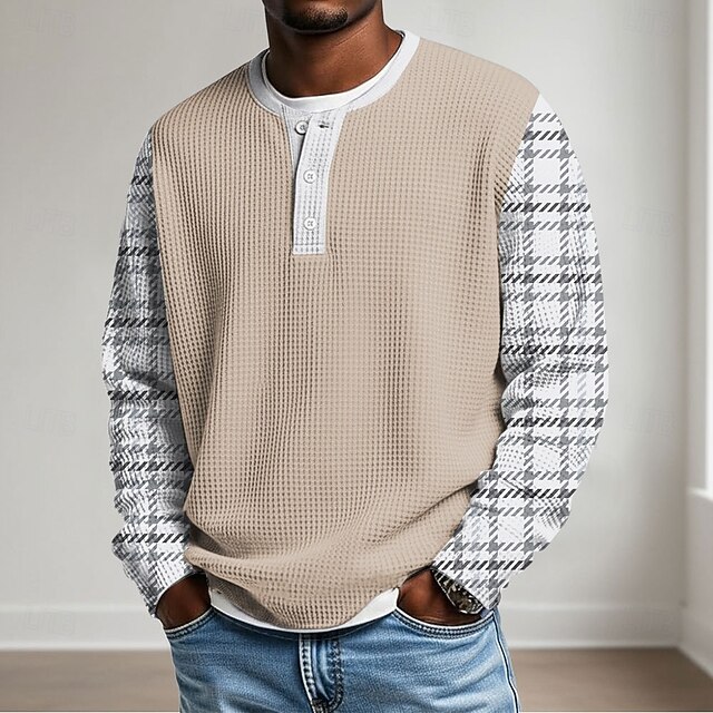 Men's Graphic Geometric Color Block Waffle Henley Shirt Casual Style ...