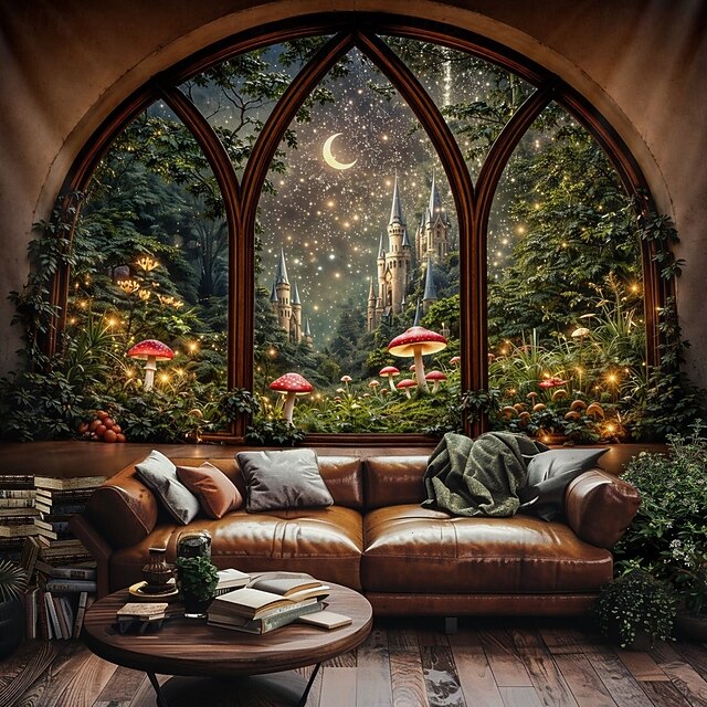 Fantasy Castle Window Tapestry featuring Magic Woodland Scene Large ...