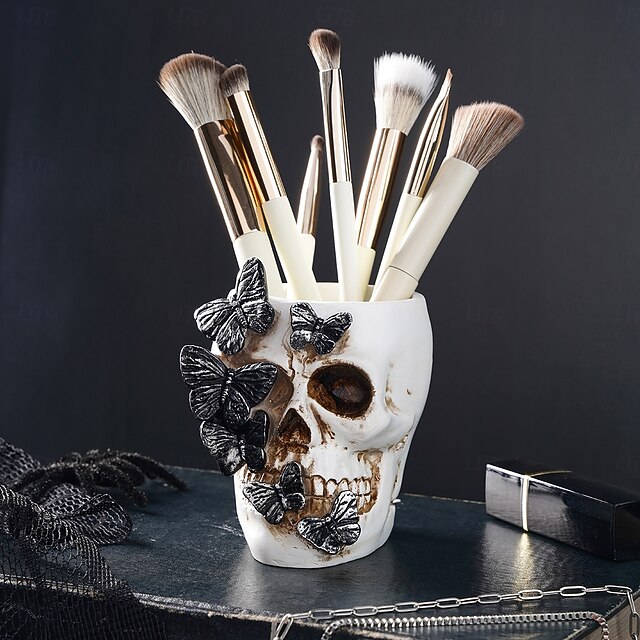 Gothic Resin Skull & Butterfly Pen Holder, Vintage Desk Organizer for ...