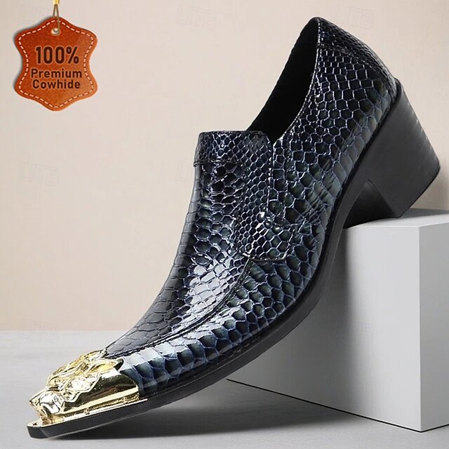 Men's Blue Snakeskin Slip-On Shoes with Gold Detail, Luxury Formal ...