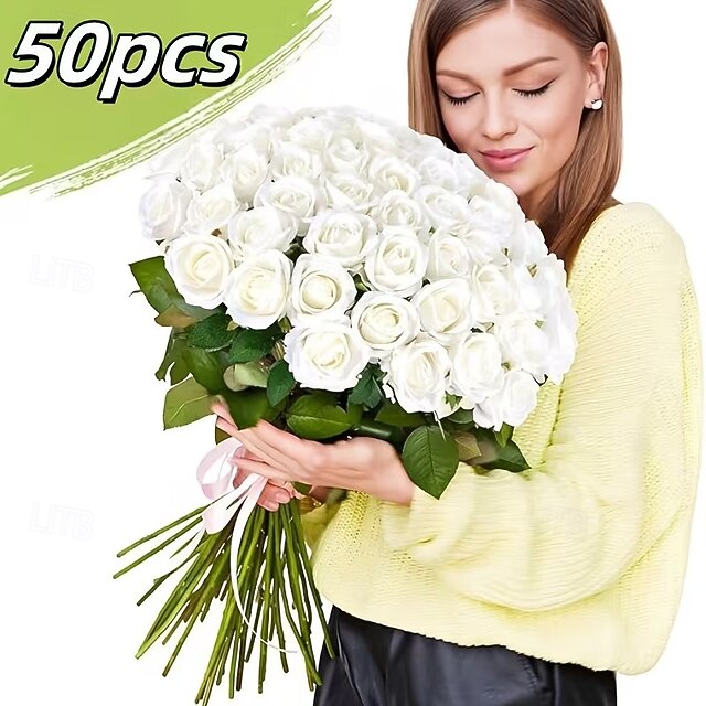 50 White Roses - Lifelike artificial flowers perfect for making wedding ...