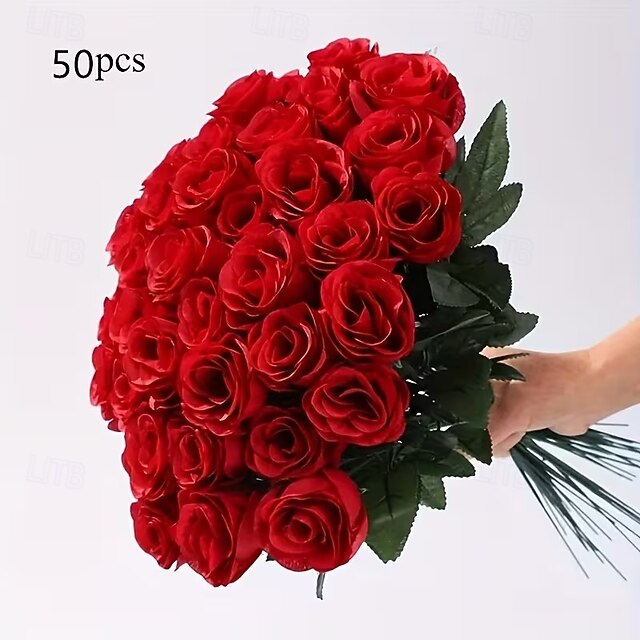 50 Bundles Artificial Rose Bouquet, Valentine’s Day Fake Roses Fabric ...
