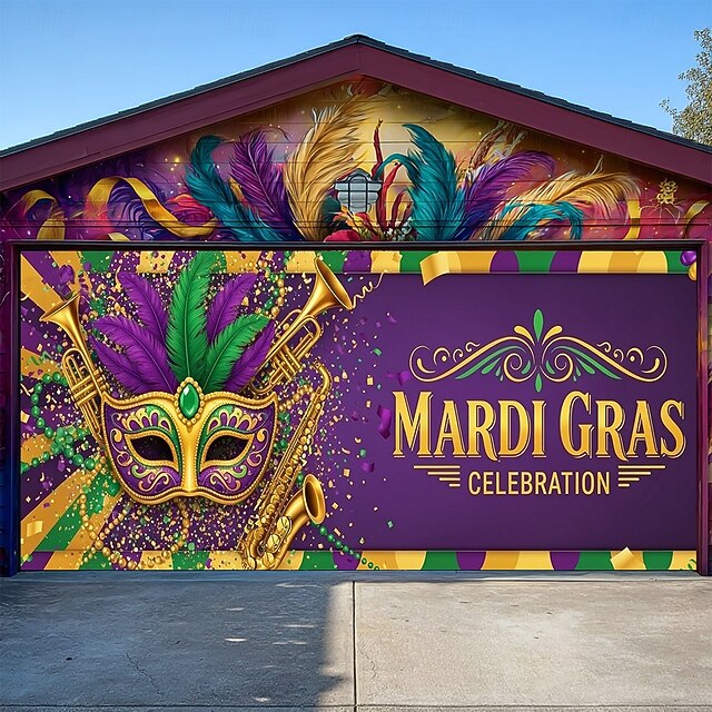 Mardi Gras Garage Door Cover Large Hanging Backdrop Mask Feather Luxury ...