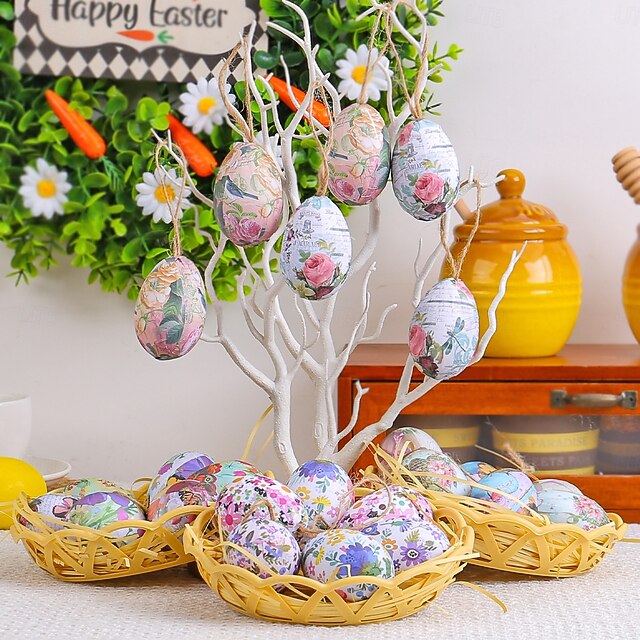 Easter Egg Hanging Ornaments, DIY Woven Basket with Hand-Painted Eggs ...