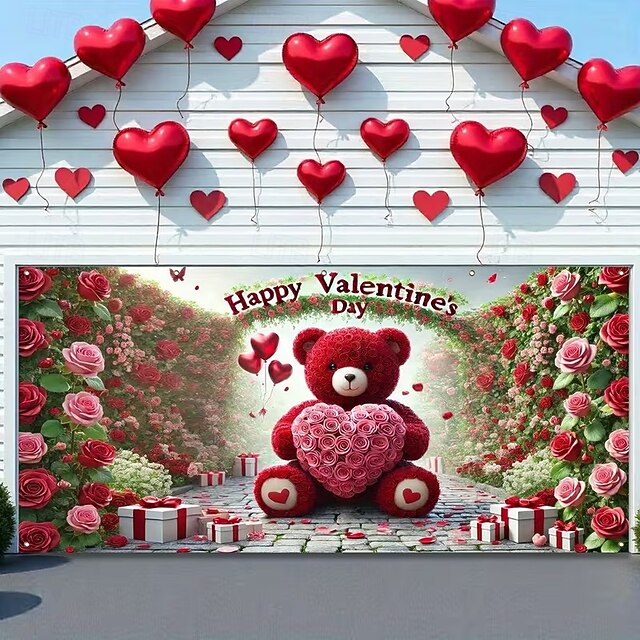 Valentine's Day Garage Door Cover, 2D Flat Print Red Bear Holding Roses ...