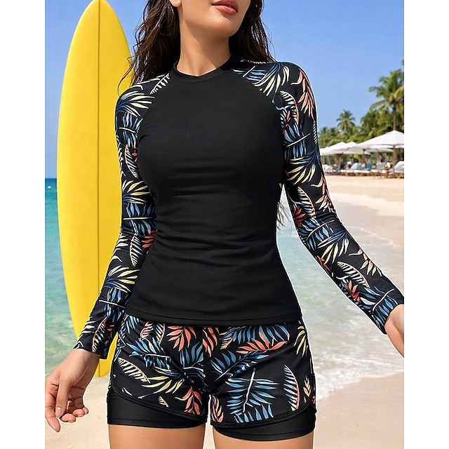 Women's Rash Guard Bathing Suit 2 Pieces Tropical Boyleg UV Protection ...