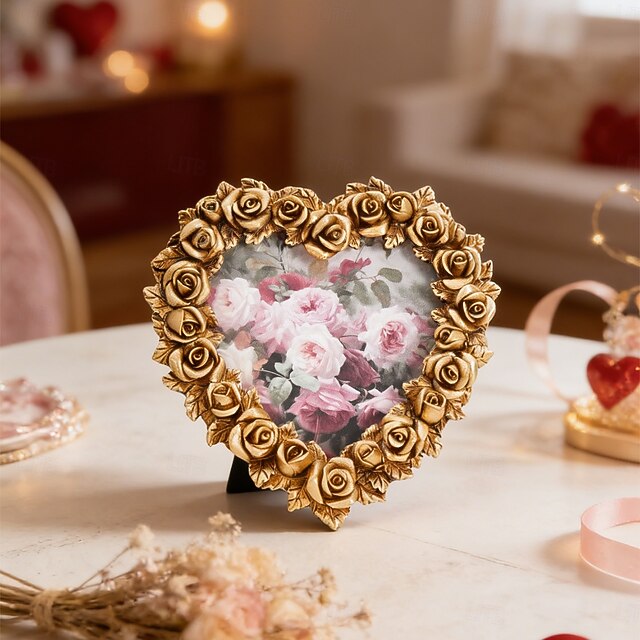 Gold Floral Rose Heart Photo Frame, Resin Heart-Shaped Picture Frame ...