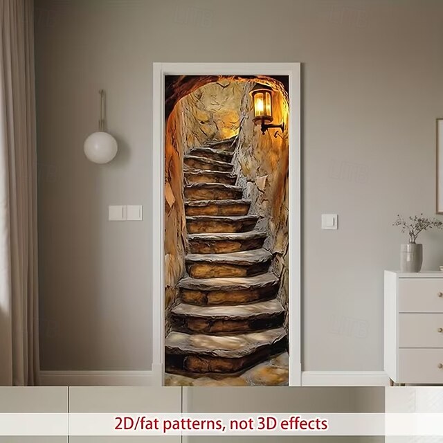 Door Cover 3D Optical Illusion Stone Staircase Design with Warm Lantern ...