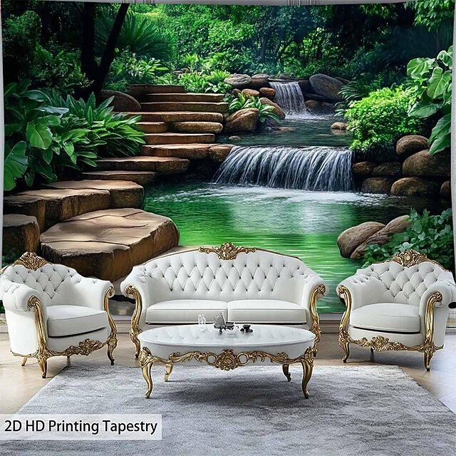 Aesthetic Zen Jungle Cave Tapestry 3D Waterfall Forest Sunlight Wall Decor Serene Nature ...