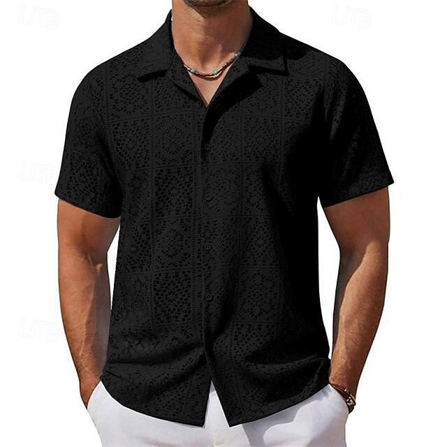 Men's Shirt Texture Casual Shirt Button Up Shirt Black White Light Blue ...