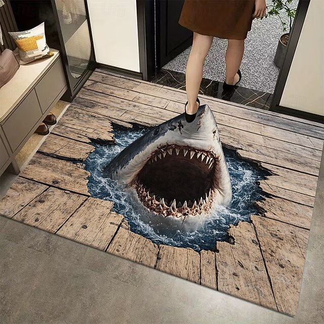 Doormat 3D Optical Illusion 2D Flat Print Fierce Shark Breaking Through ...