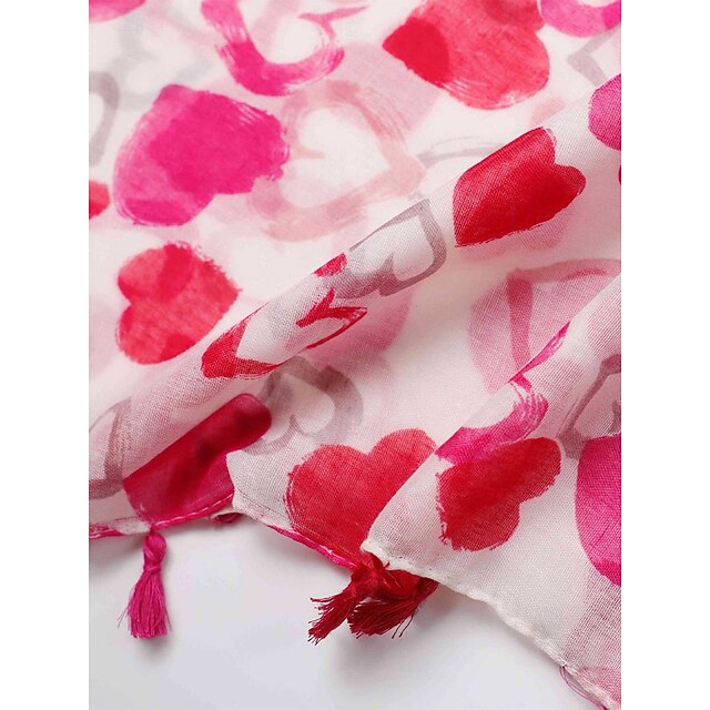 Women's Lightweight Polyester Heart Print Scarf with Tassels, Soft ...