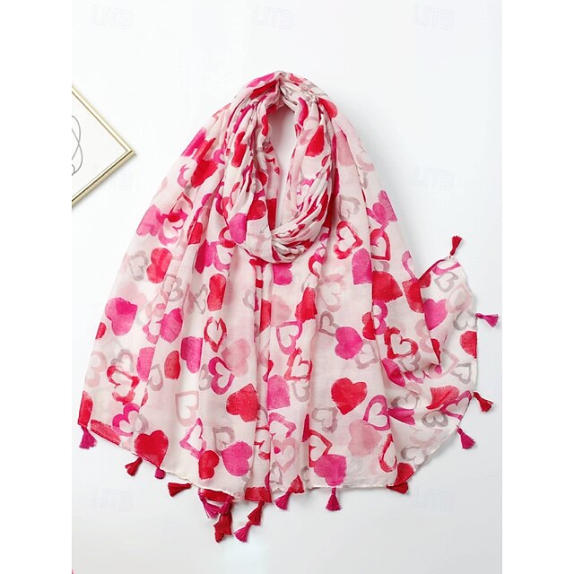 Women's Lightweight Polyester Heart Print Scarf with Tassels, Soft ...
