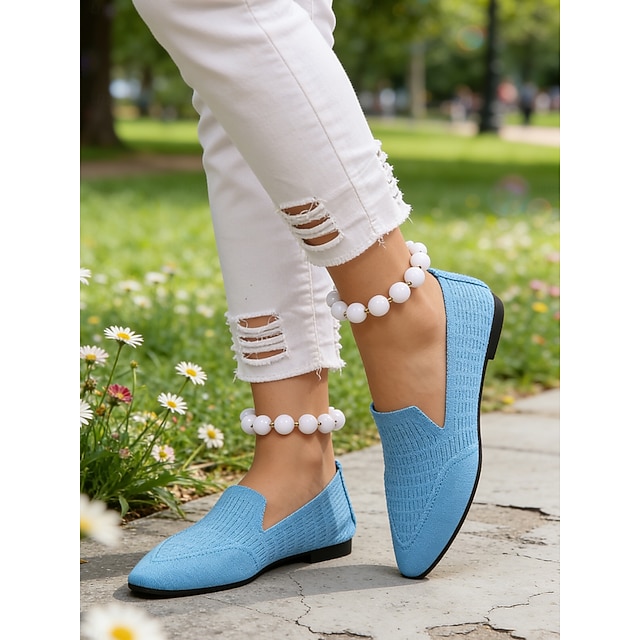 Women's Blue Textured Pointed Toe Flyknit Shoes with V-Shaped Design ...