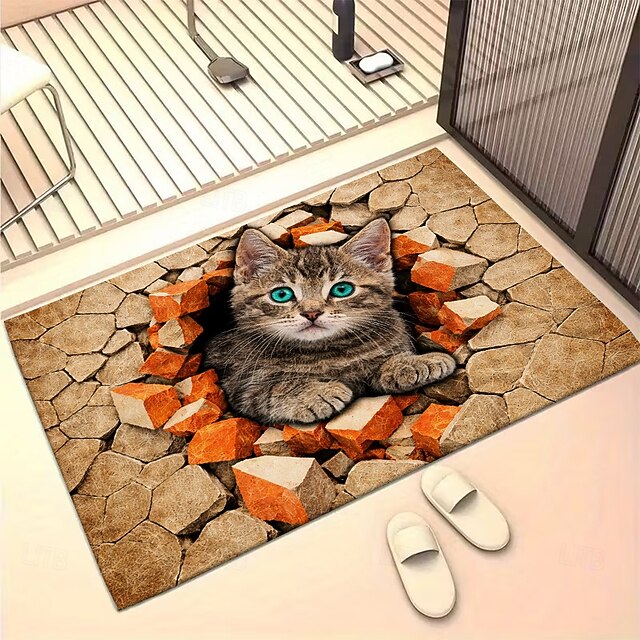 3D Optical Illusion Doormat Kitten Peeking Through Brick Wall 2D Flat ...