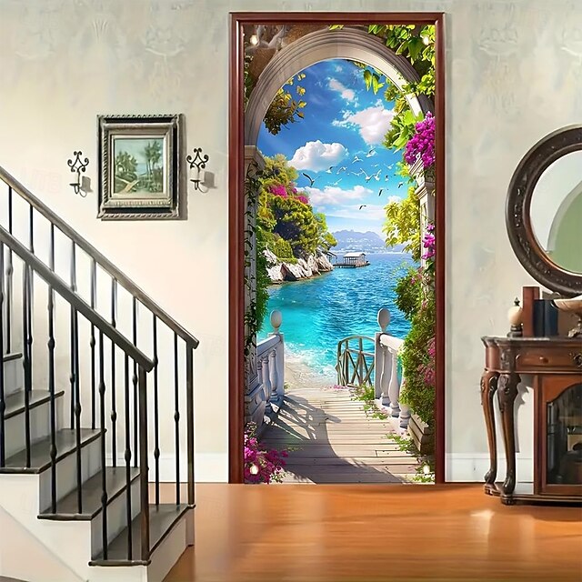 Mediterranean Beach Door Banner 3D Arched Stone View Tropical Ocean ...