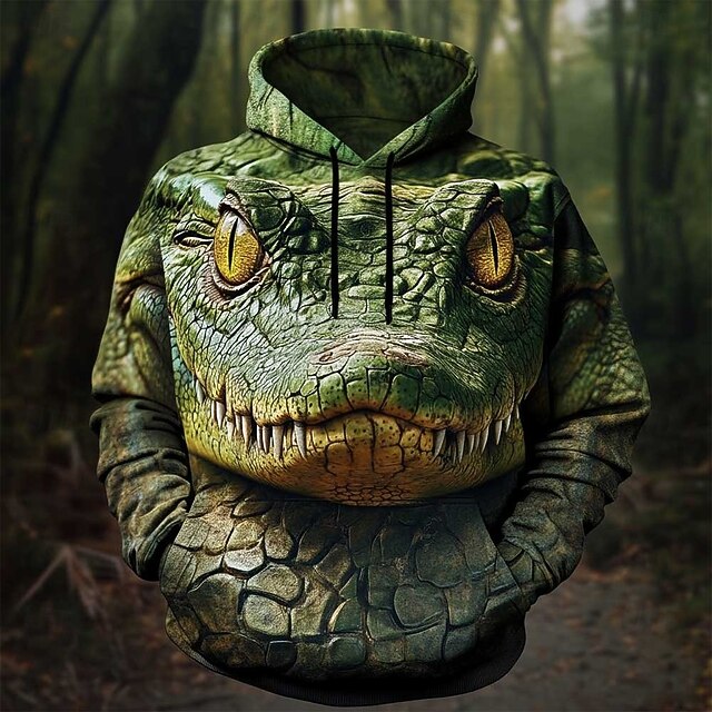 Mens Pullover Hoodie 3D Crocodile Graphic Print Realistic Alligator ...