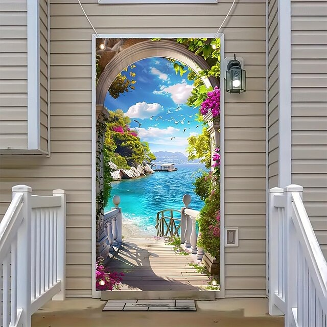 Mediterranean Beach Door Banner 3D Arched Stone View Tropical Ocean ...