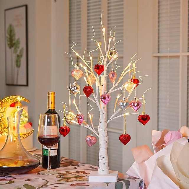 Valentine's Day Decor Lighted Birch Tree with Heart Ornaments, Romantic ...
