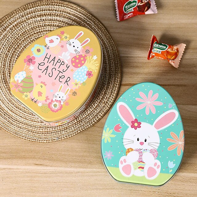 Easter Cartoon Rabbit Tin Box, Tin Can, Easter Egg Flat Egg Shaped ...