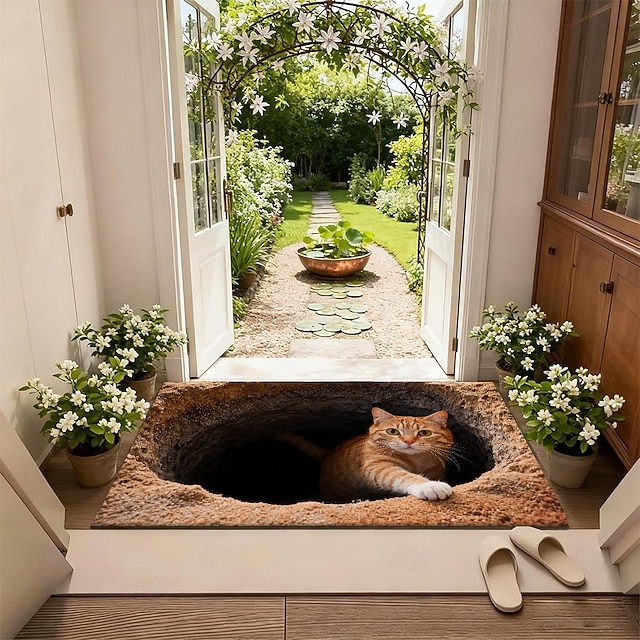 Ginger Cat Peeking from Hole 3D Optical Illusion Doormat 2D Flat Print ...