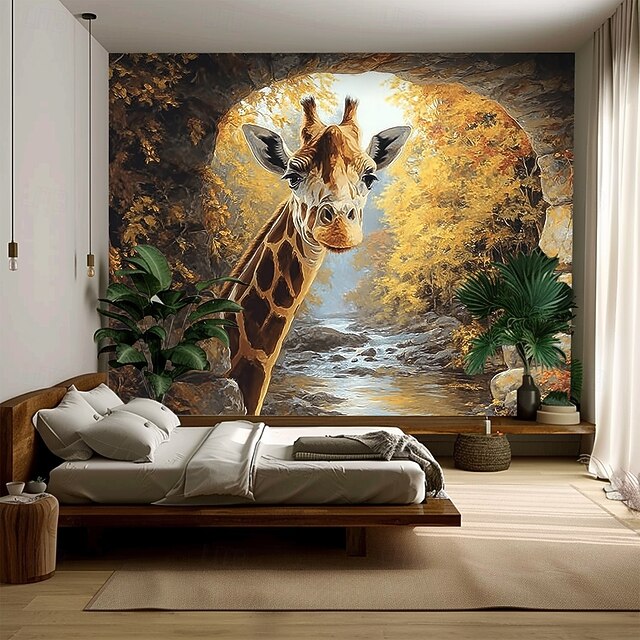 3D Giraffe Tapestry Wall Hanging Animal Art Nature Landscape Cave Arch ...