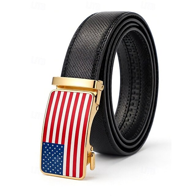 Men's Genuine Leather Automatic Buckle Belt, American Flag Metal Buckle ...