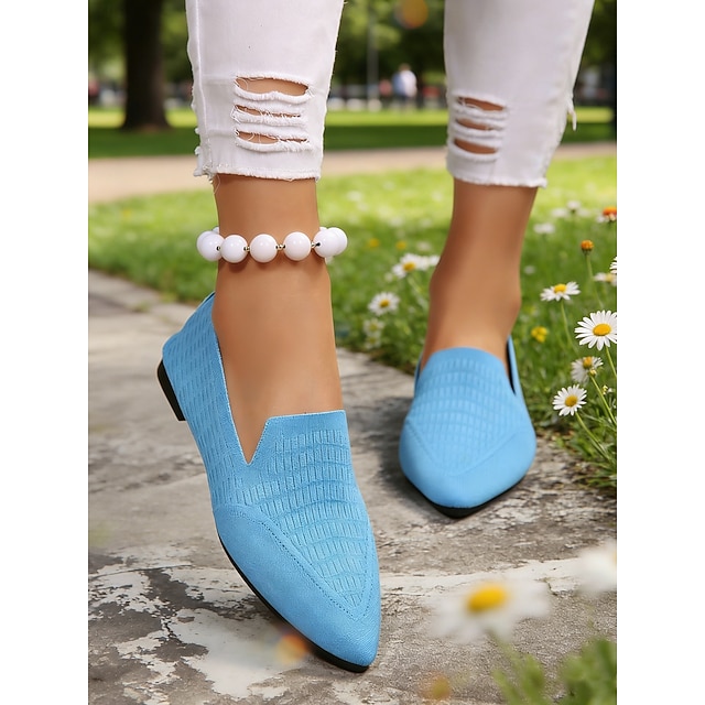 Women's Blue Textured Pointed Toe Flyknit Shoes with V-Shaped Design ...