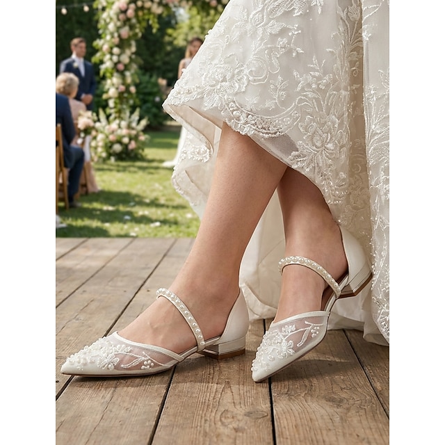 Women's Ivory Lace Pearl Strap Low Heel Bridal Shoes, Elegant Comfort ...