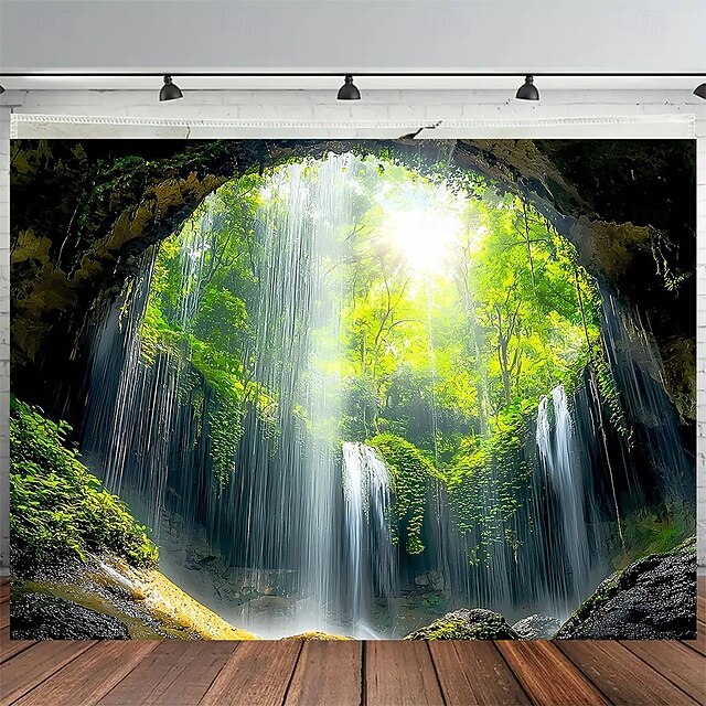 Aesthetic Zen Jungle Cave Tapestry 3D Waterfall Forest Sunlight Wall Decor Serene Nature ...