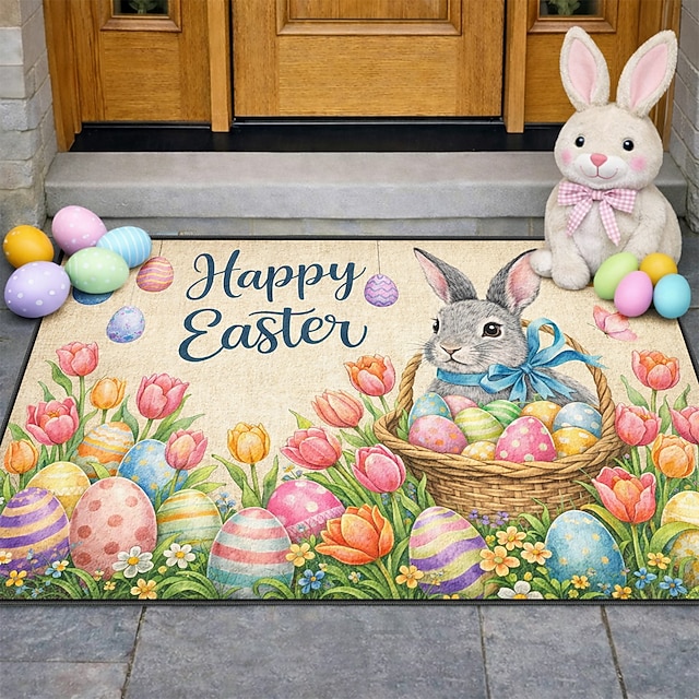 Easter Doormat Happy Easter Greeting with Bunny in Basket of Eggs and ...