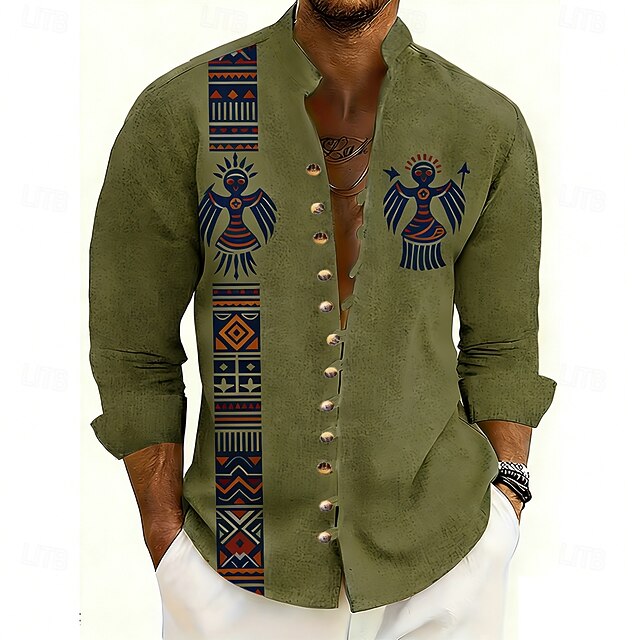 Men's Geometric Ethic / African Indigenous Peoples Shirt Stand Collar ...