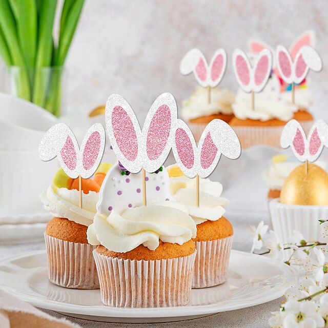 Easter Bunny Cupcake Toppers, 36 Pack (3 Sets of 12), Glitter Bunny Ear Cake Picks for Easter ...