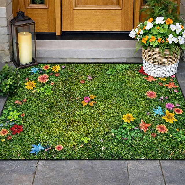 St Patrick's Day Doormat Green Grass Design with Vibrant Flowers ...