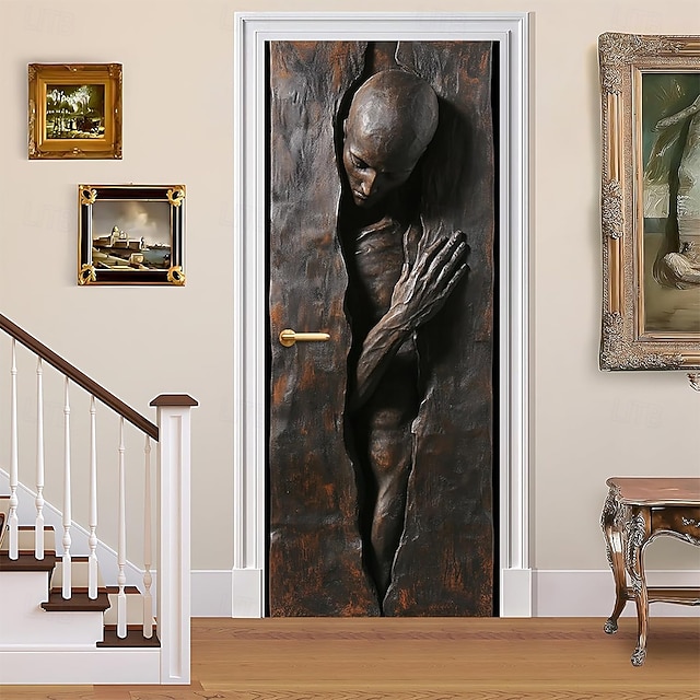 3D Door Mural Human Figure Sculpture Art Door Sticker Optical Illusion ...